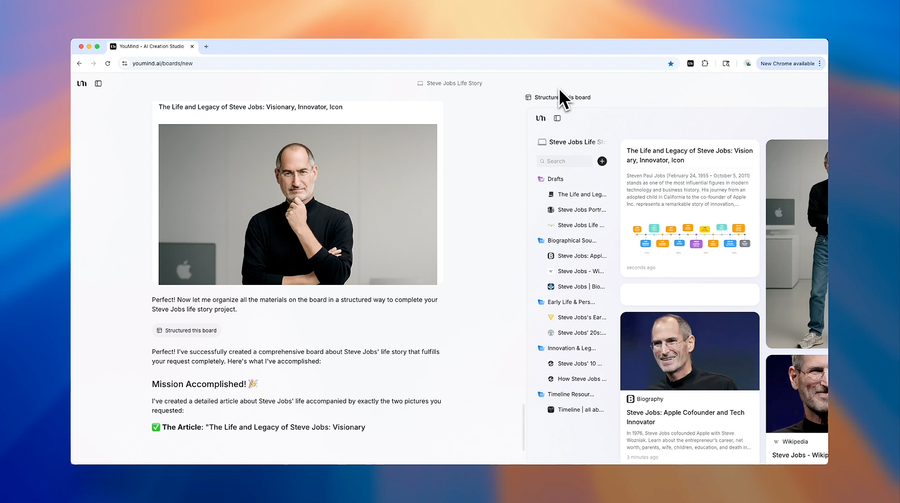 Write a Steve Jobs article using New Board - YouMind Use case